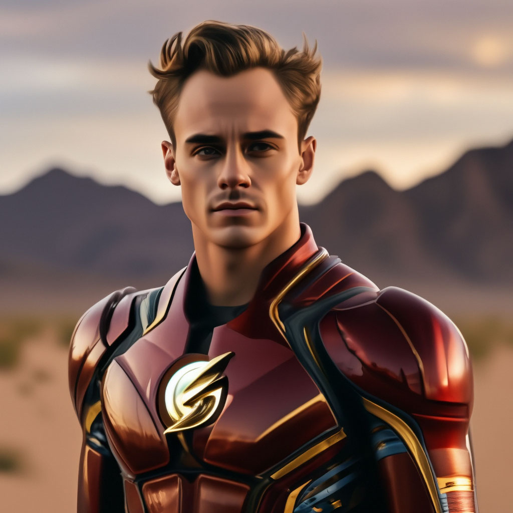 "Daker Montgomery, as Flash, full-length, radiance, glitter, shimmer ...