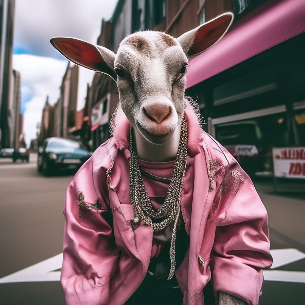 "Humanoid goat rapper emotionally raps on the street" — image created ...