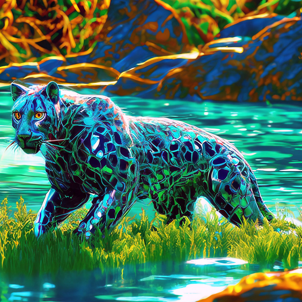 "A beautiful panther made of liquid jasper with outlined eyes stands on ...