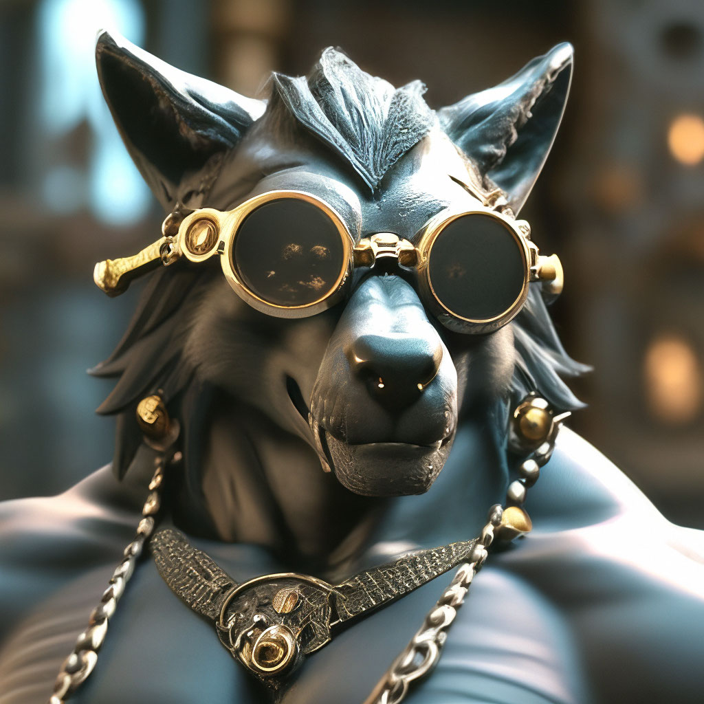 "Anthropomorphic wolfman, in black sunglasses,with earrings in the ears ...