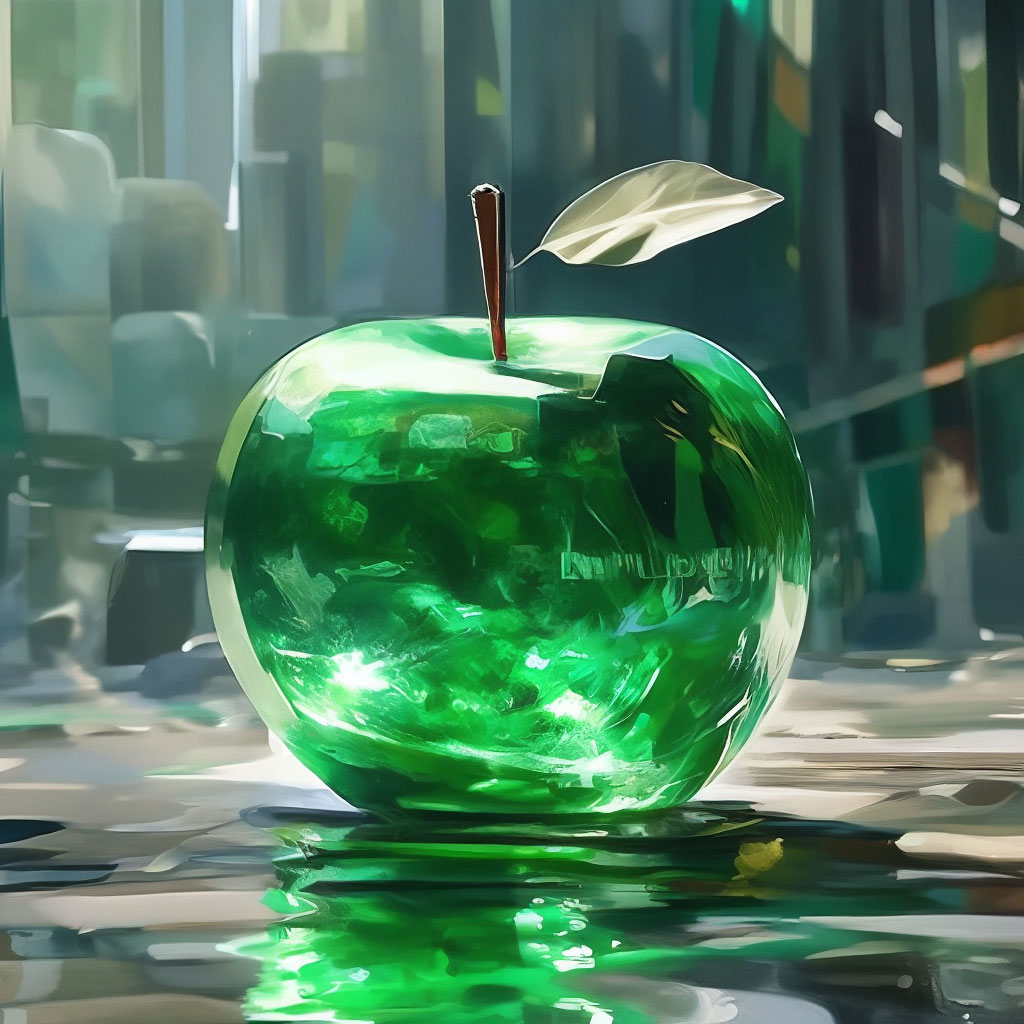 "A brilliantly crystal emerald apple" — image created in Shedevrum