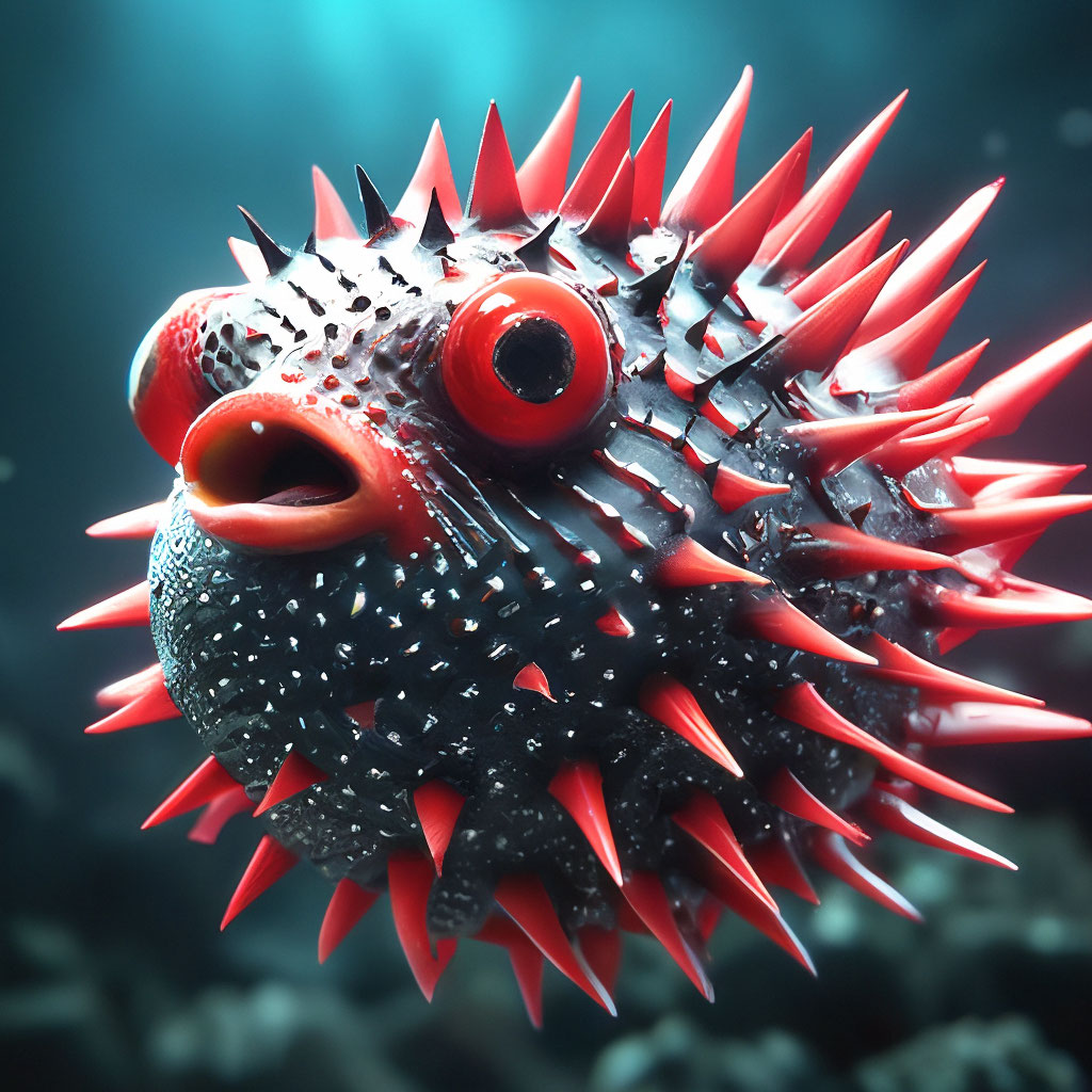 "🐡 anthropomorph puffer fish with spikes and black tattoos on the body ...