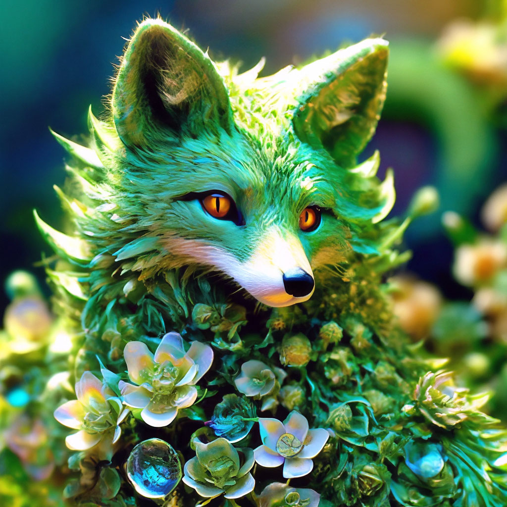 "Gorgeous little flowers, fox with green fur, fractal ...