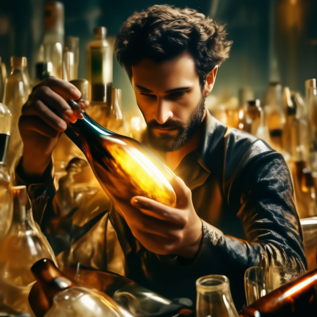 "The battle of bottles with a man" — image created in Shedevrum