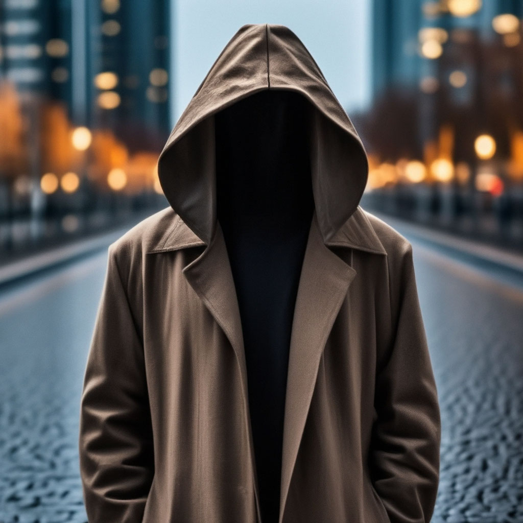 "Realistic invisible man without a face in a coat and hat night rain ...