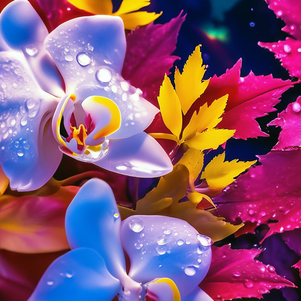 "Bouquet of dew of white orchids and crimson yellow maple leaves, atlas ...