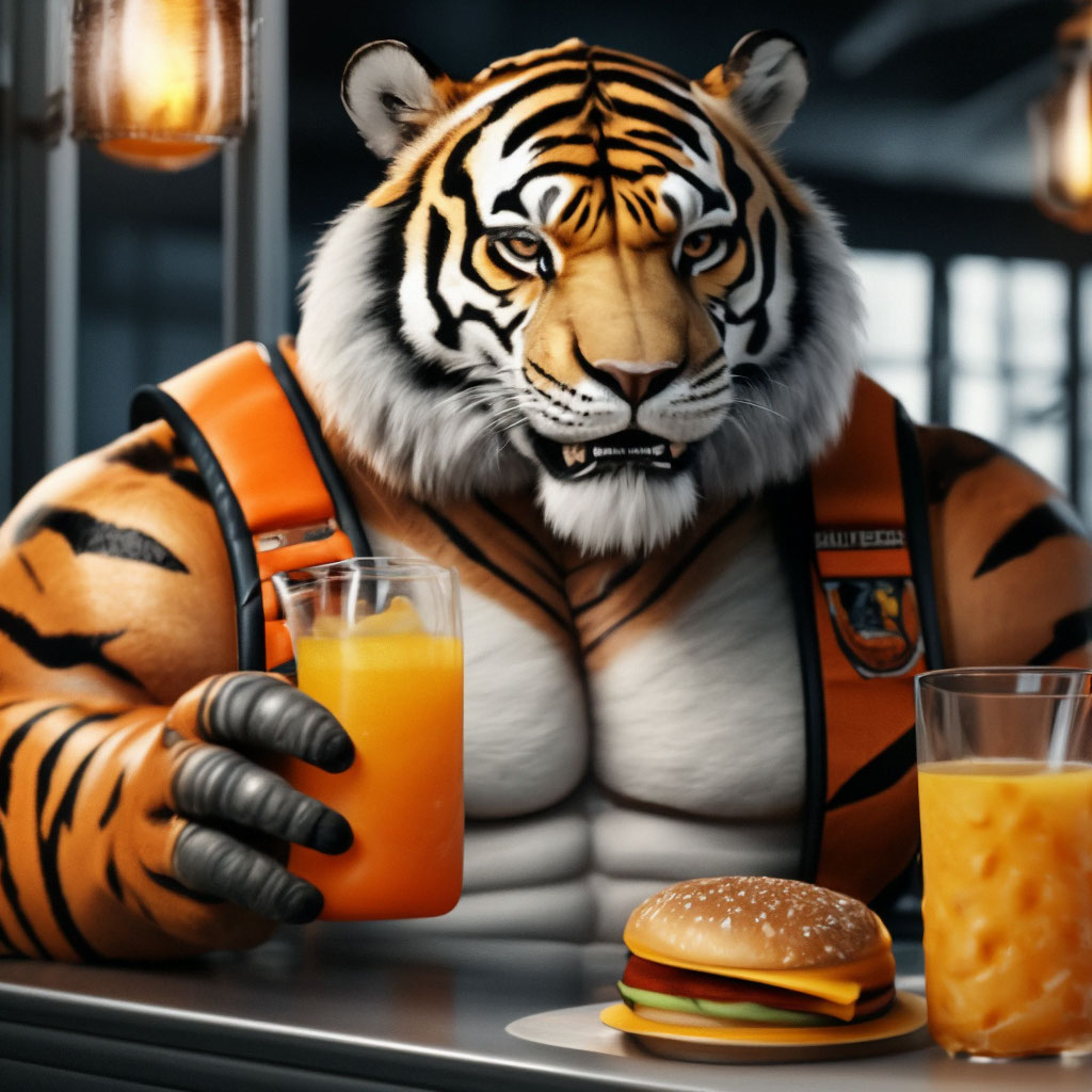 "Giant anthropomorphic muscular striped tiger bodybuilder eating burger ...
