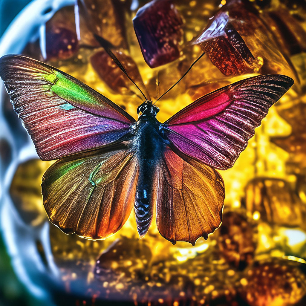"Inside the amber barrel frozen rainbow tropical butterfly, 128k, RAW ...
