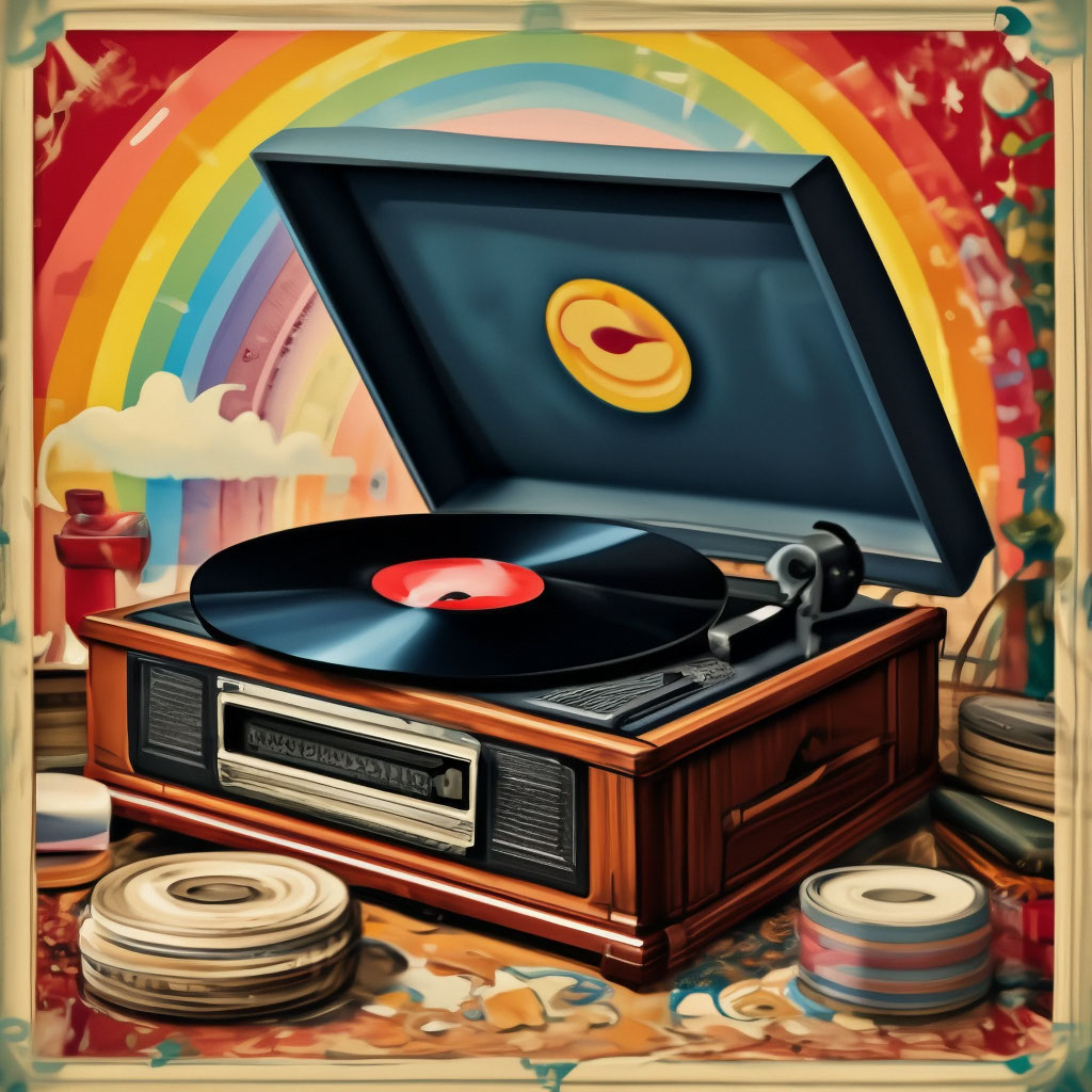 "Retro poster illustration Record player with scattered records ...