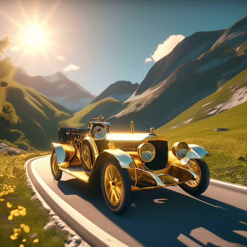 "Summer, bright sun, golden car coming down from a mountain track in ...