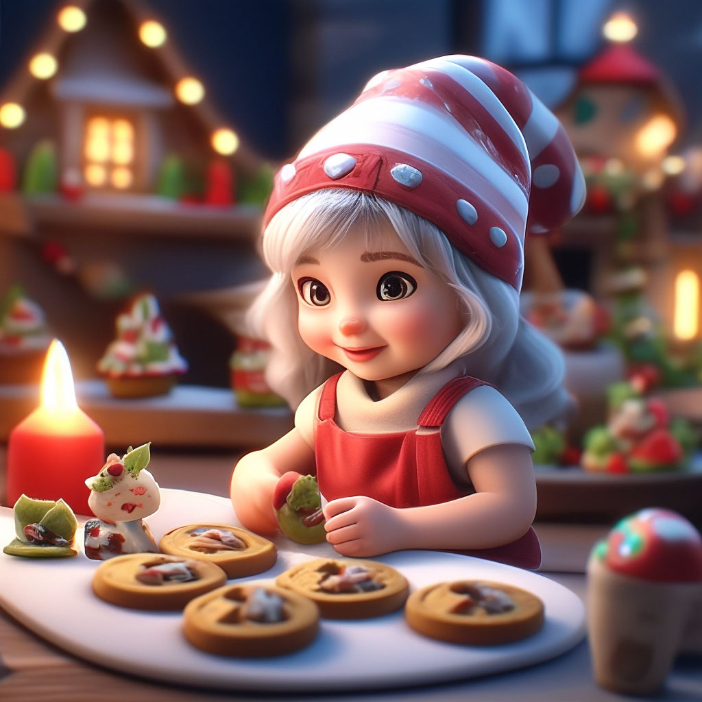 "A cute dwarf girl in a Christmas hat prepares cookies for Christmas ...