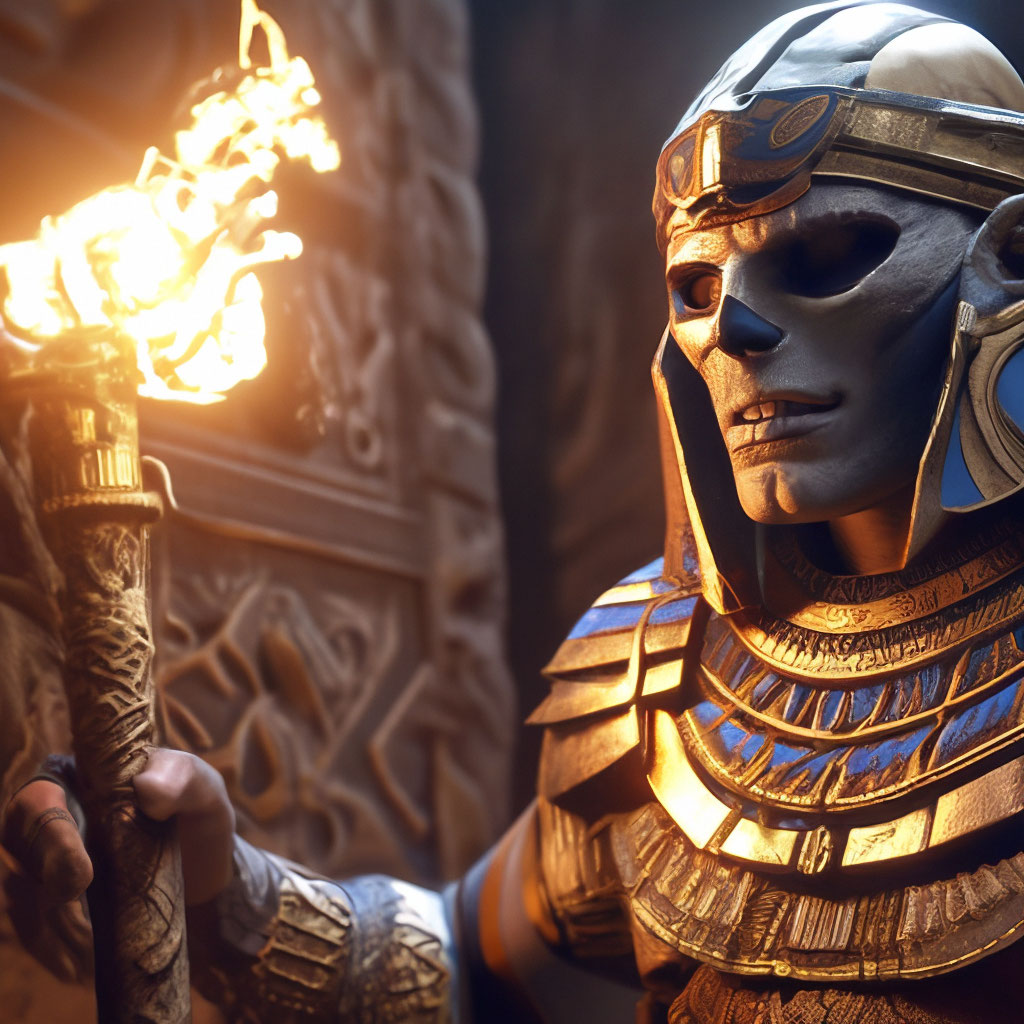 "Brutal strong mummy in armor and bandages, burning eyes, in his tomb ...