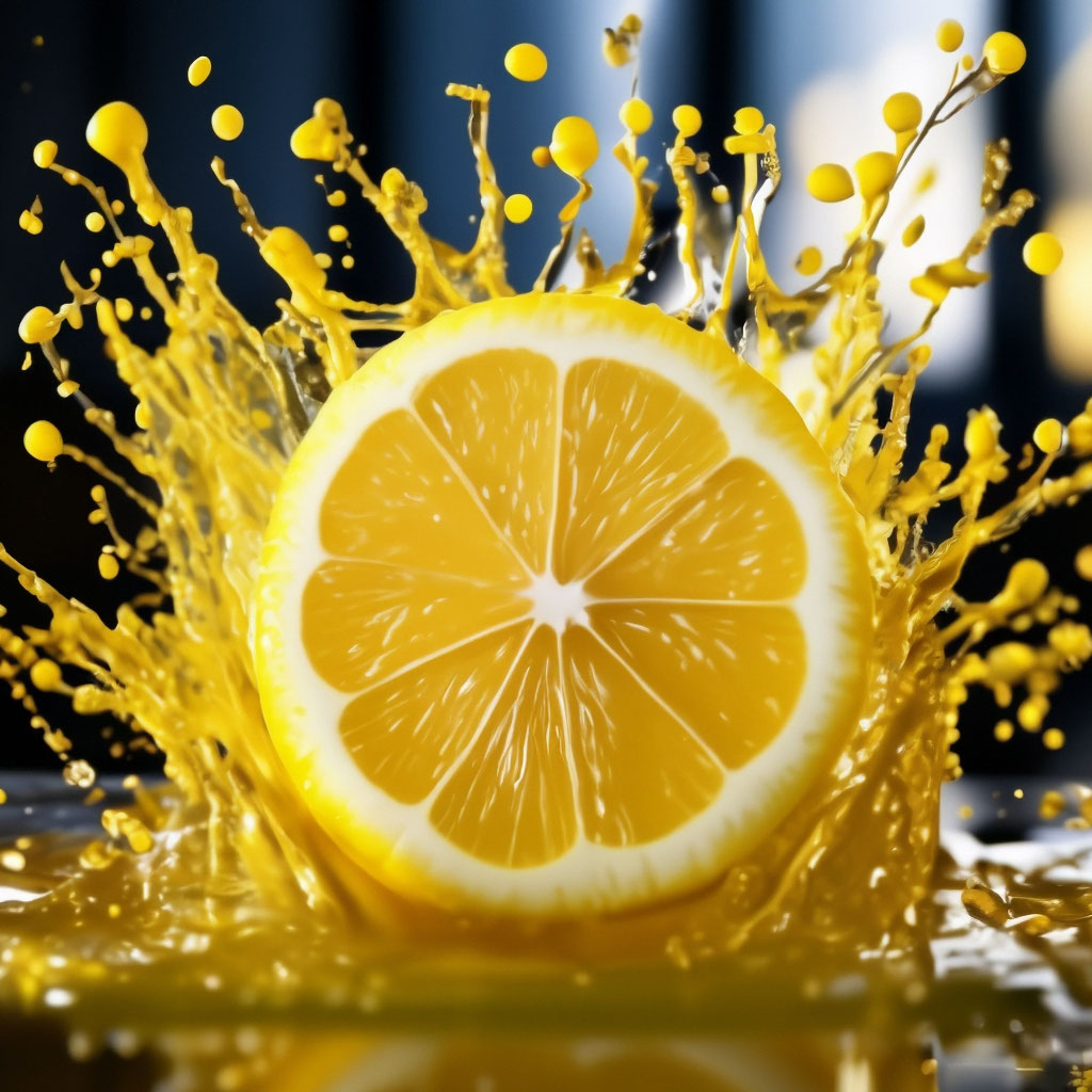 "Lemon explosion detailing splashes of juice drops in all directions ...