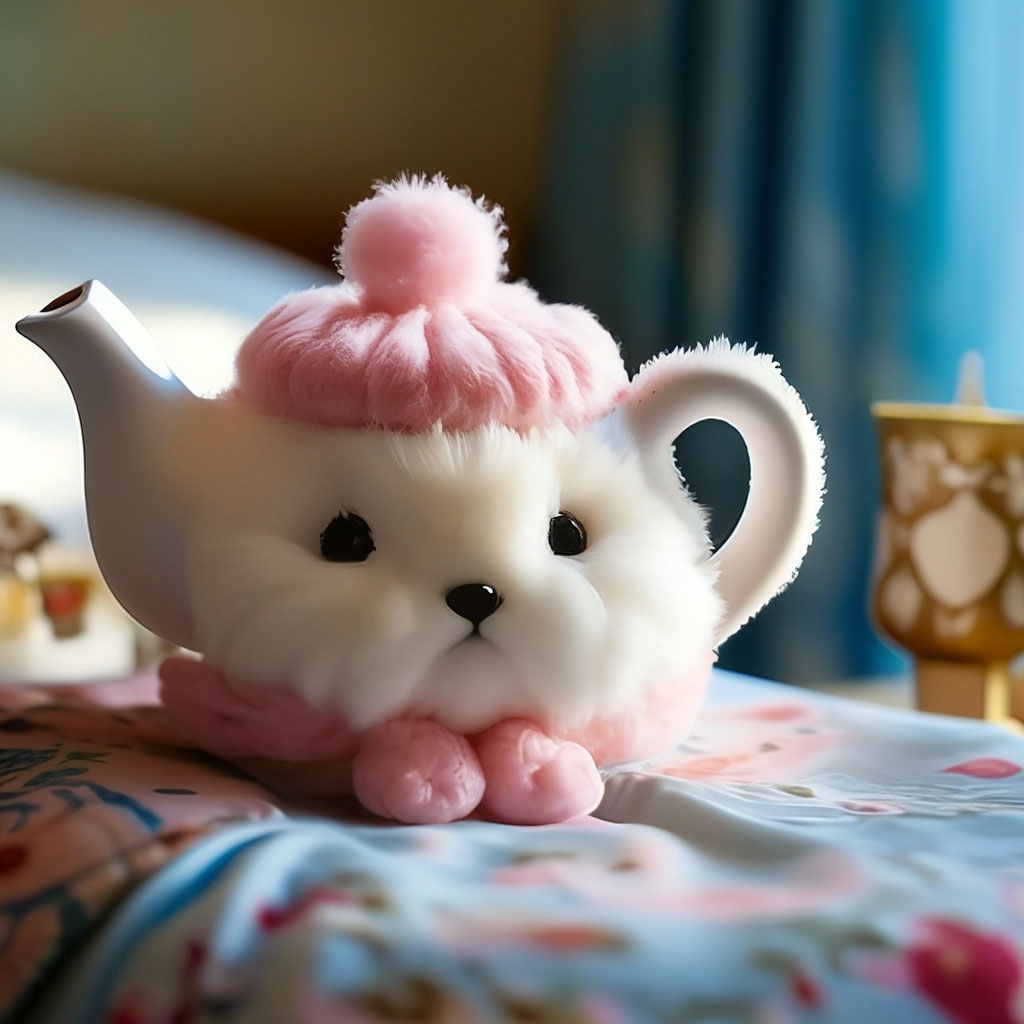 "Cute fluffy teapot,sitting alive with its toes hanging down on the ...