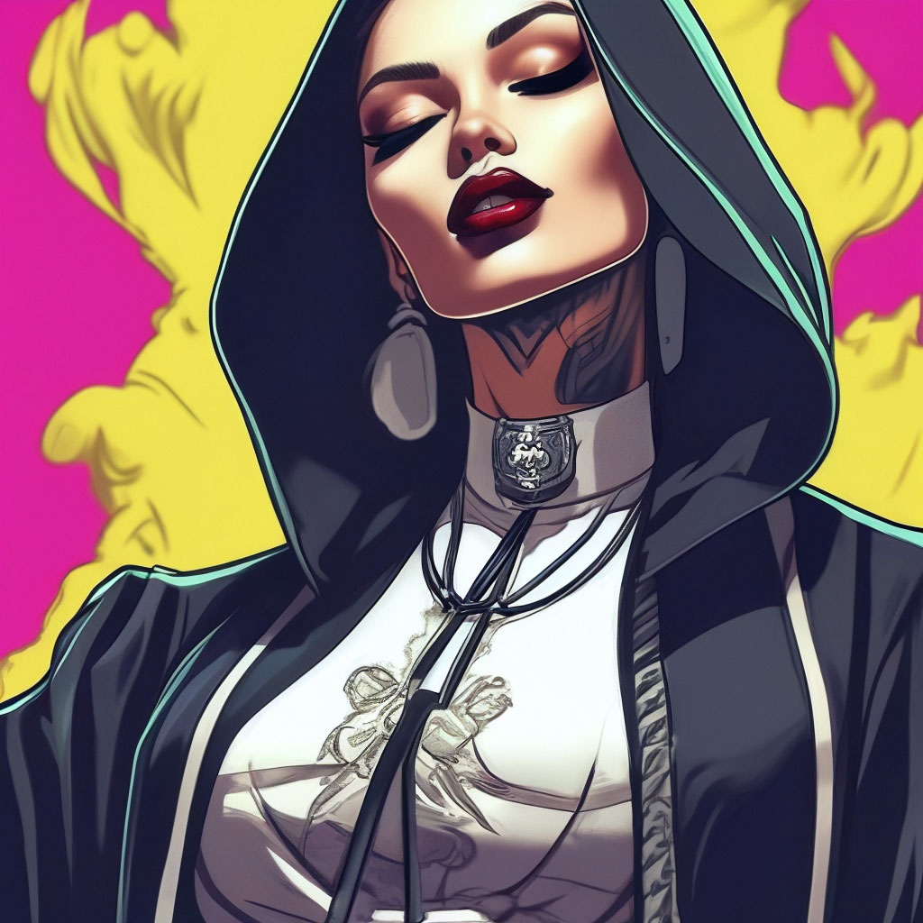 "In the style of pop art, a beautiful stylish preacher girl thenun ...