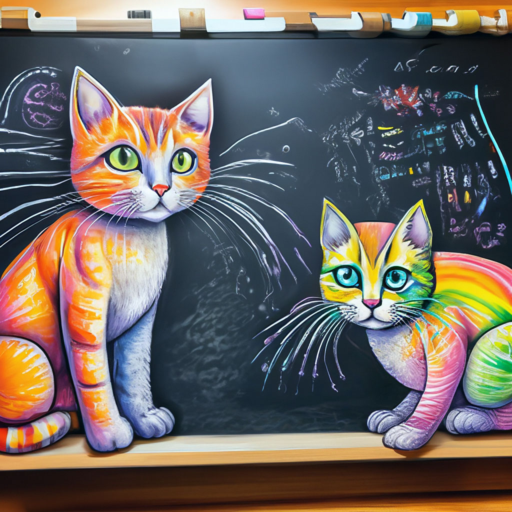 "A cat and a cat drawn with crayons on a blackboard" — image created in ...