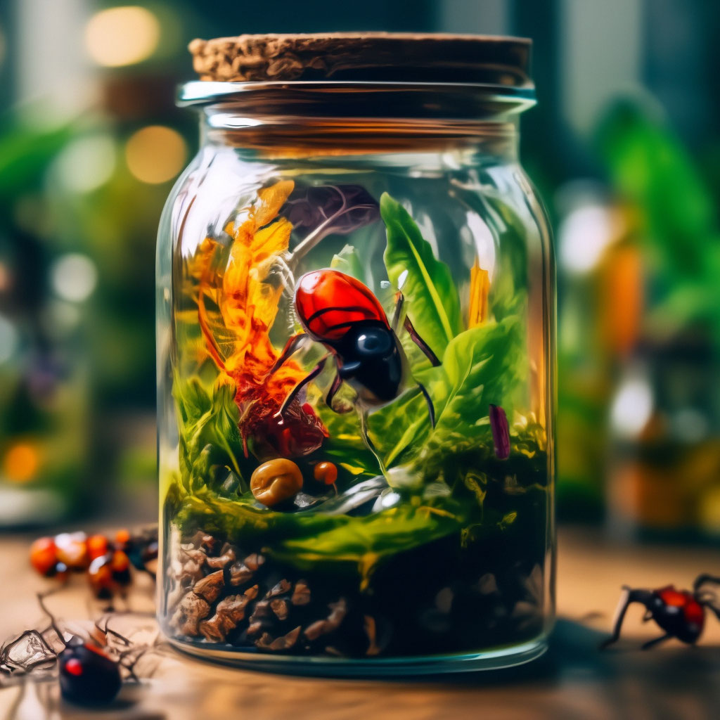 "An ant in a jar with a fantasy ecosystem in bright colors" — image ...