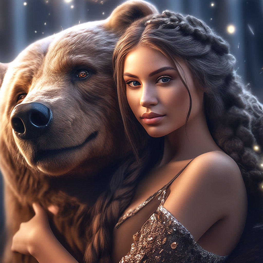 "Brown bear hugs a beautiful girl, long hair, braid, hyperrealism ...