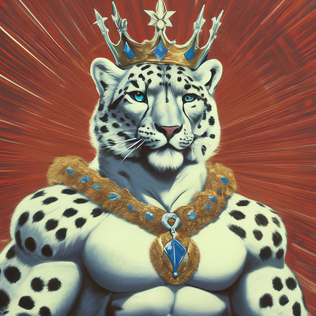 "Muscular anthropomorphic snow leopard bodybuilder in a crown ...