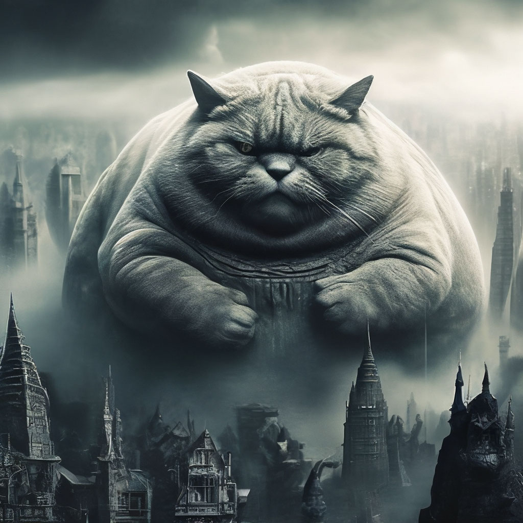 "A huge fat cat is destroying the city" — image created in Shedevrum