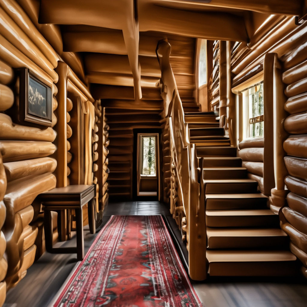 "A corridor in a log cabin with a staircase to the top and carpets on ...