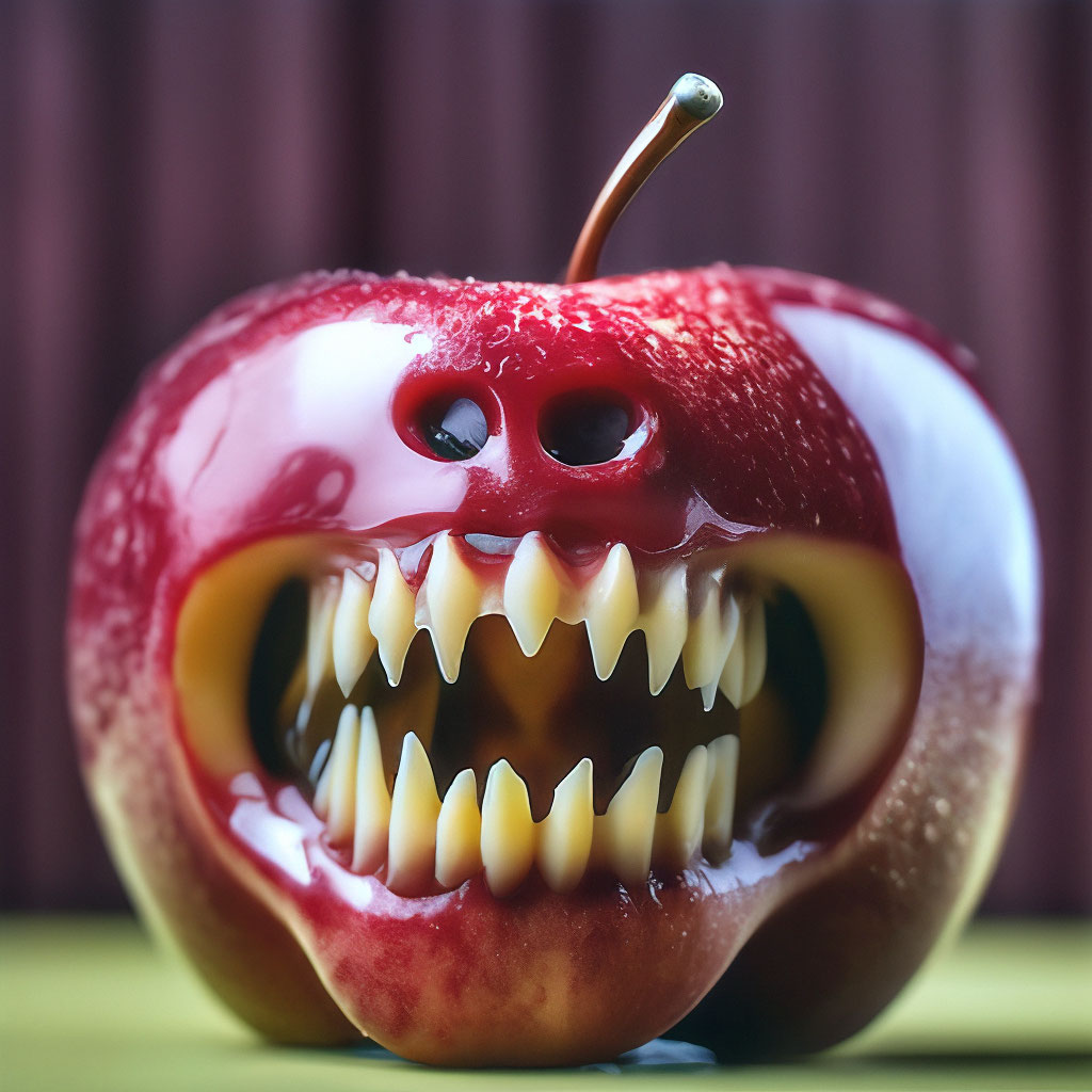 "Grotesque funny apple with human teeth, realistic, close-up ...