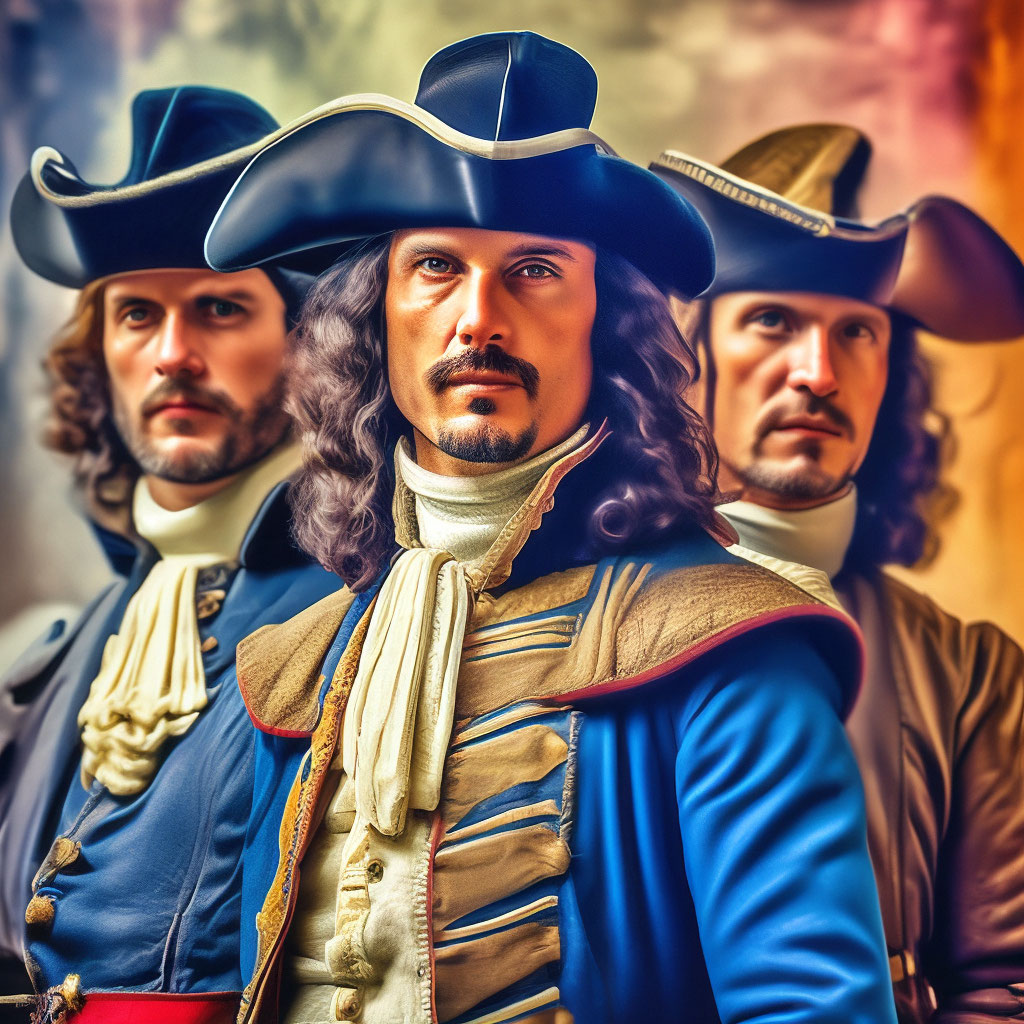 "Three Musketeers, 32k, hyperrealistic, high detail, bright colors, f ...
