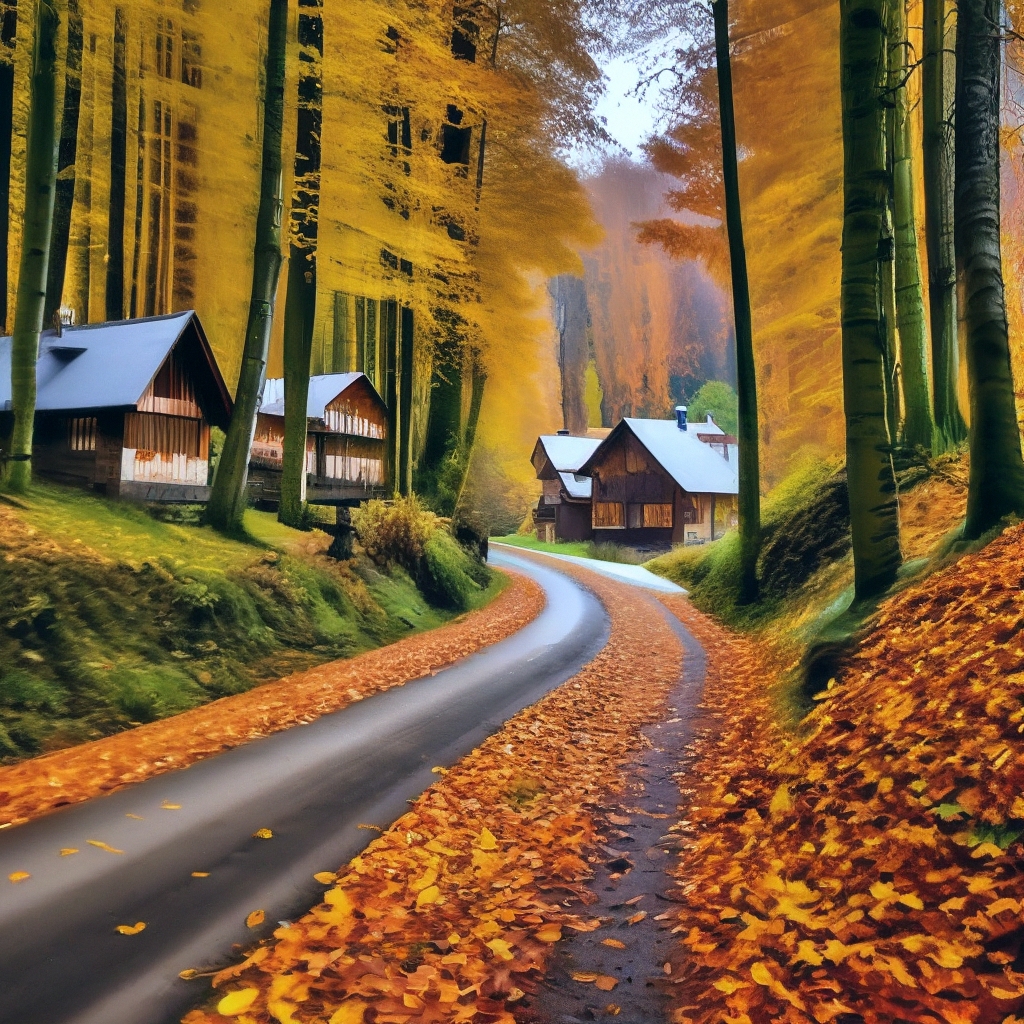 "Forest, autumn, fallen leaves, country road, village with wooden ...