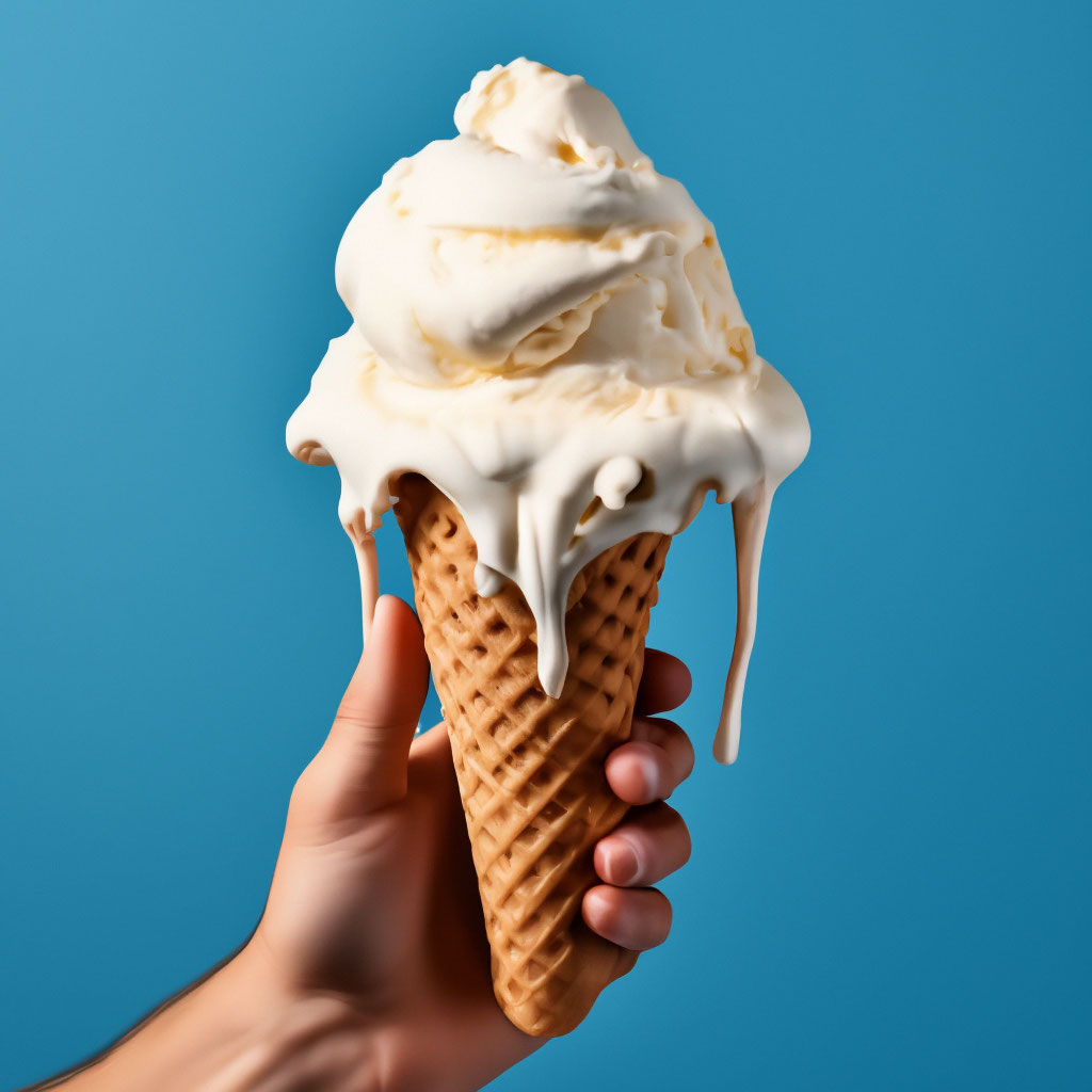 "A hand holds an ice cream cone. the ice cream melts and flows strongly ...
