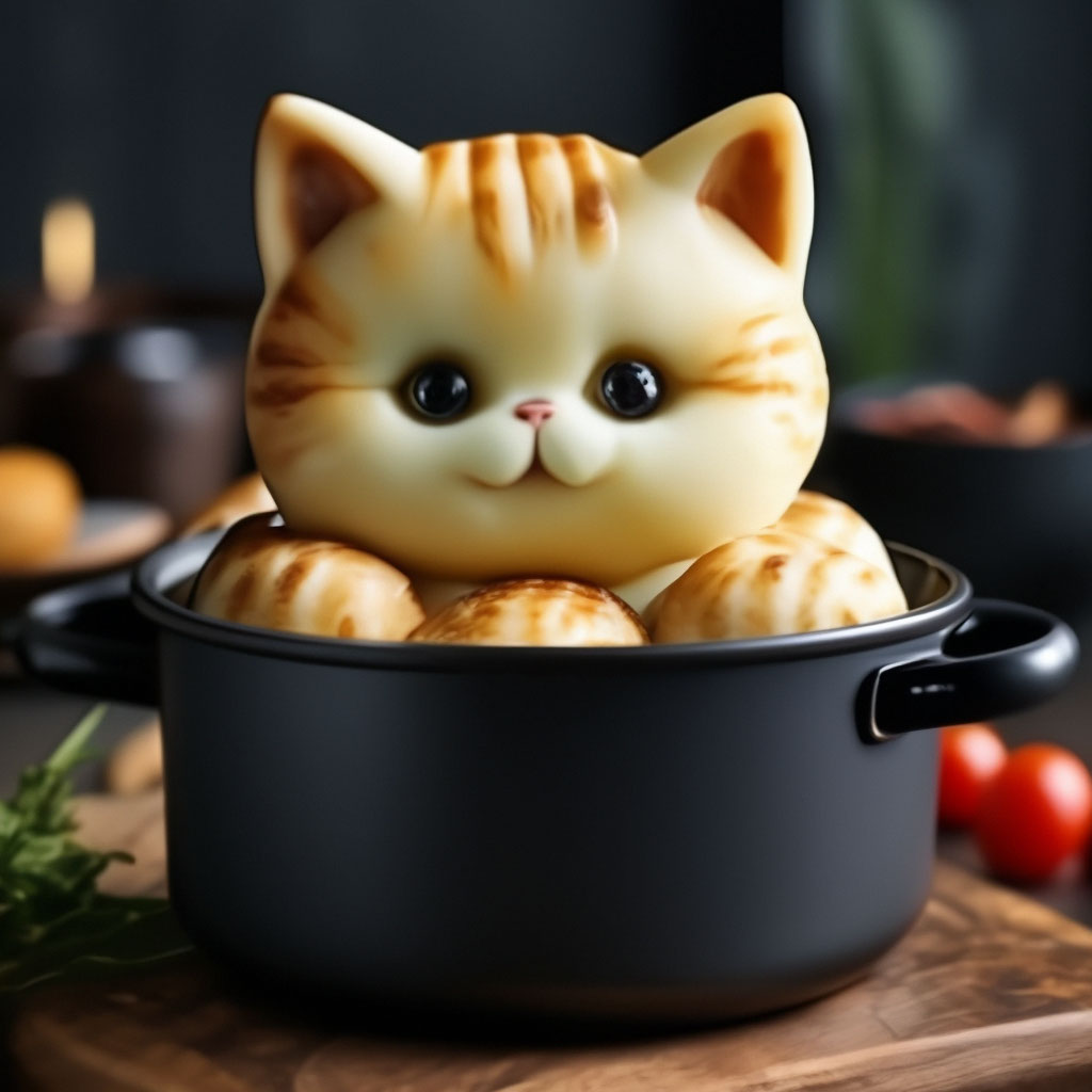 "A cat in the form of a dumpling, cooked in a saucepan" — image created ...