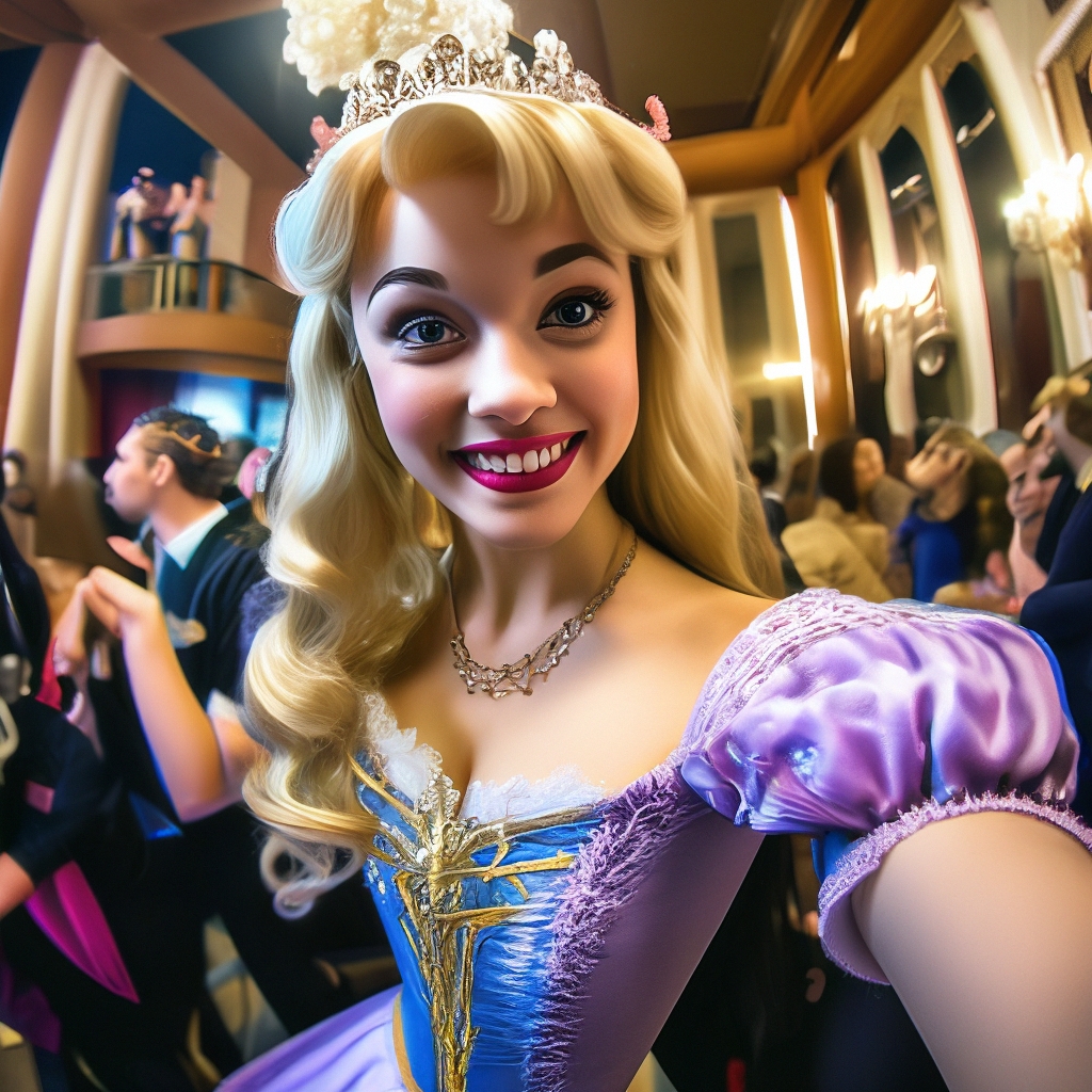 "Princess Aurora with a drunken face after a feast, goes to a VIP club ...