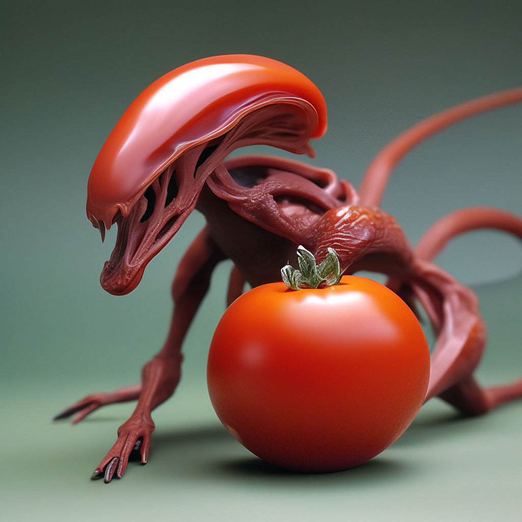 "Alien xenomorph created from tomato" — image created in Shedevrum