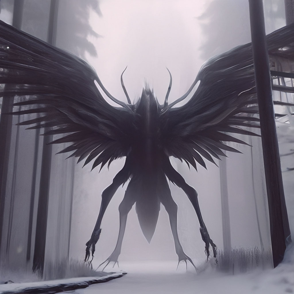 "A giant tall creepy thin dark creature with the same giant wings ...