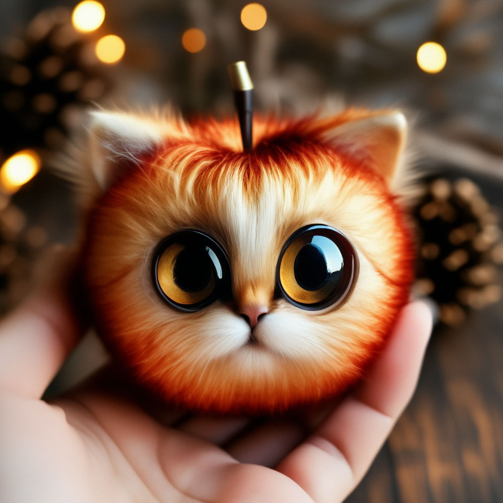 "Charming, cute, fluffy bug-eyed round apple in the form of a cat toy ...