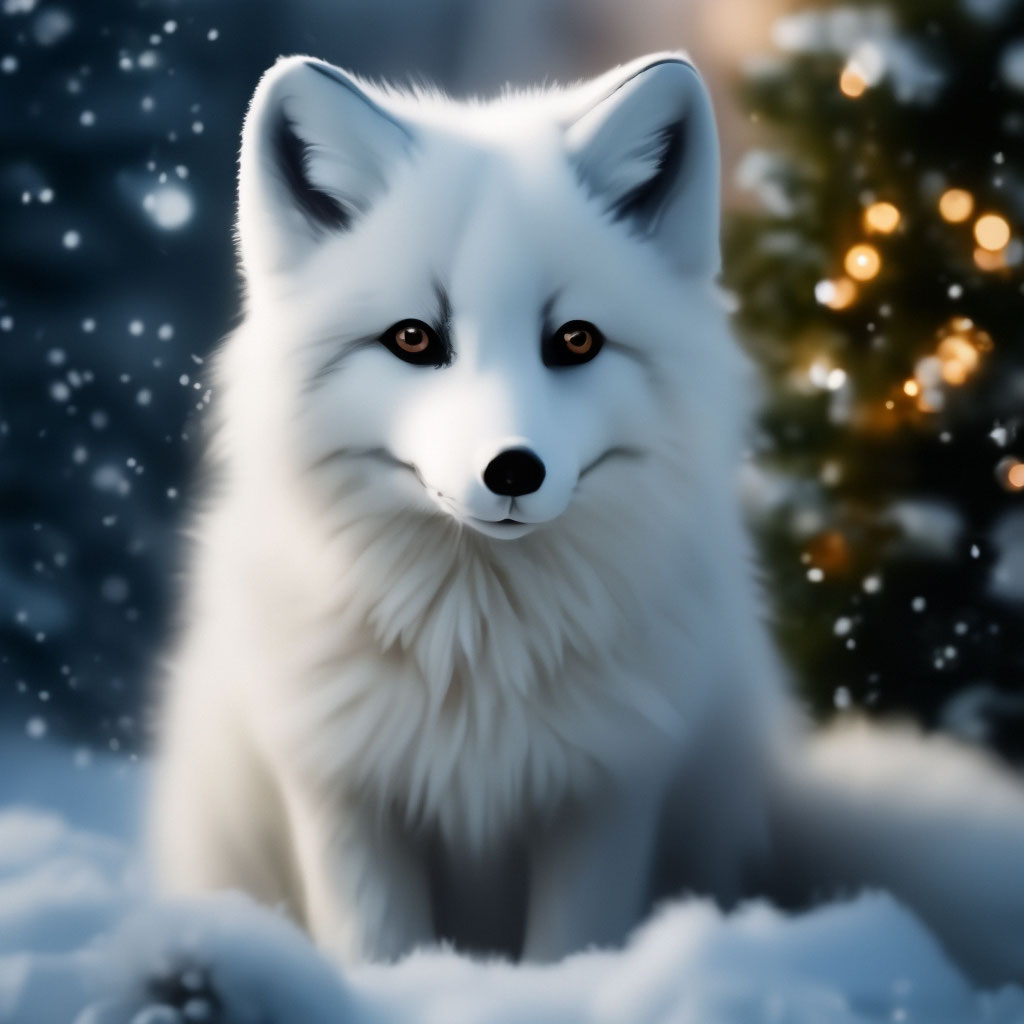 "A white fluffy arctic fox is sitting In the snow under a snowy green ...