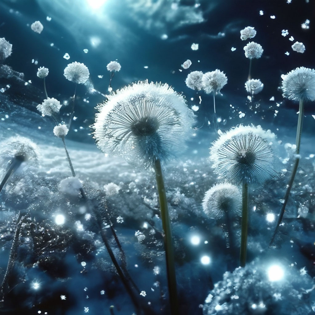 "Hyperrealism, aquamarine frozen snow, many aerial dandelions flying ...
