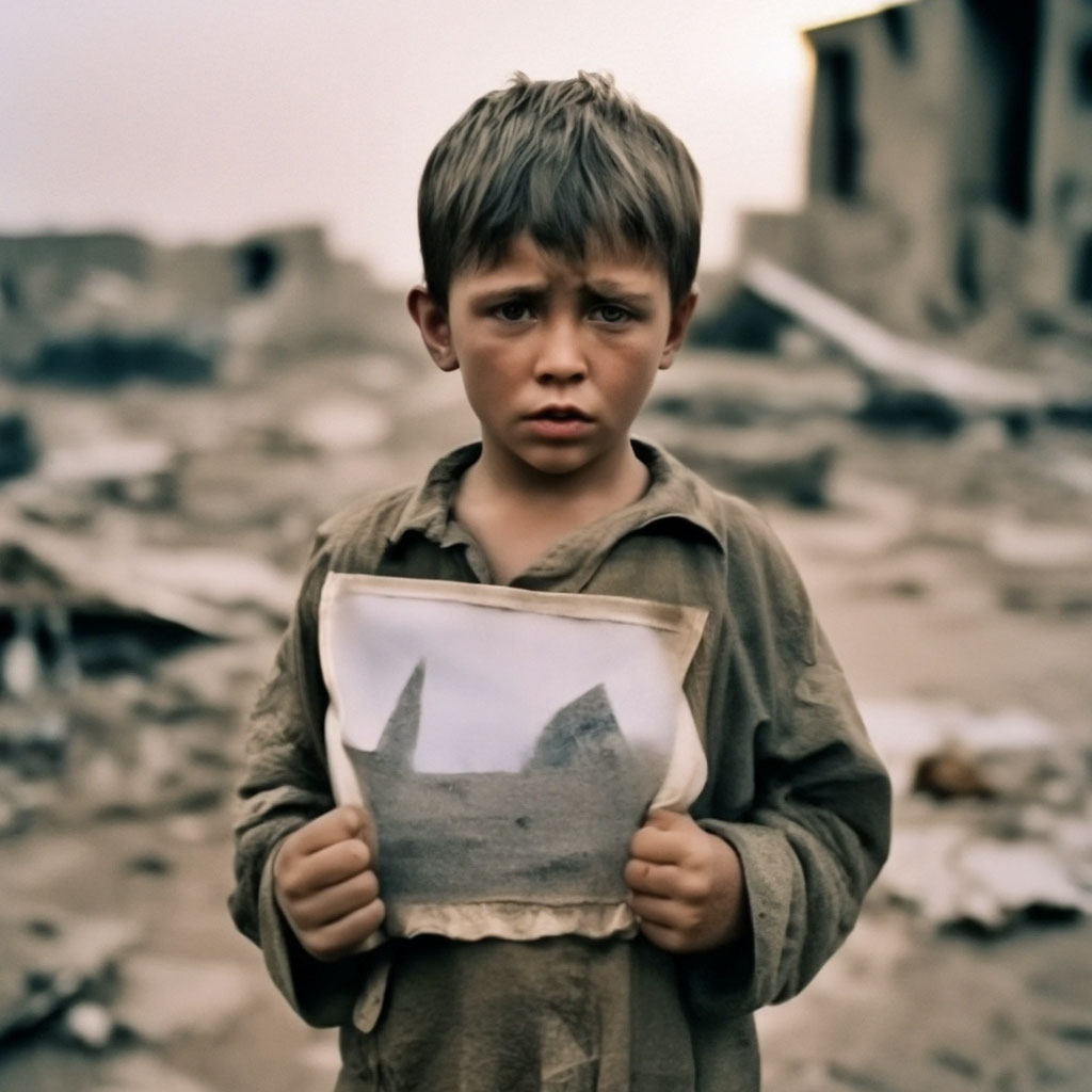 "A dirty crying boy in dusty clothes stands in the ruins of a destroyed ...