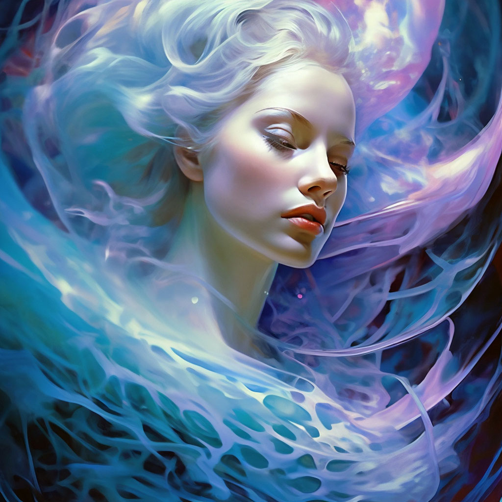 "Hyperrealism, hybrid, fractal blue-white, lilac neon, shades of ...