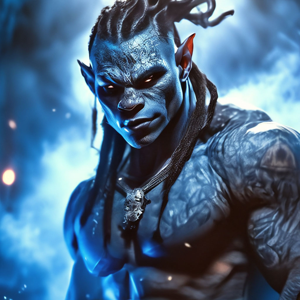 "Moonlight,blue smoke,realistic,beautiful young brutal orc, blue skin ...