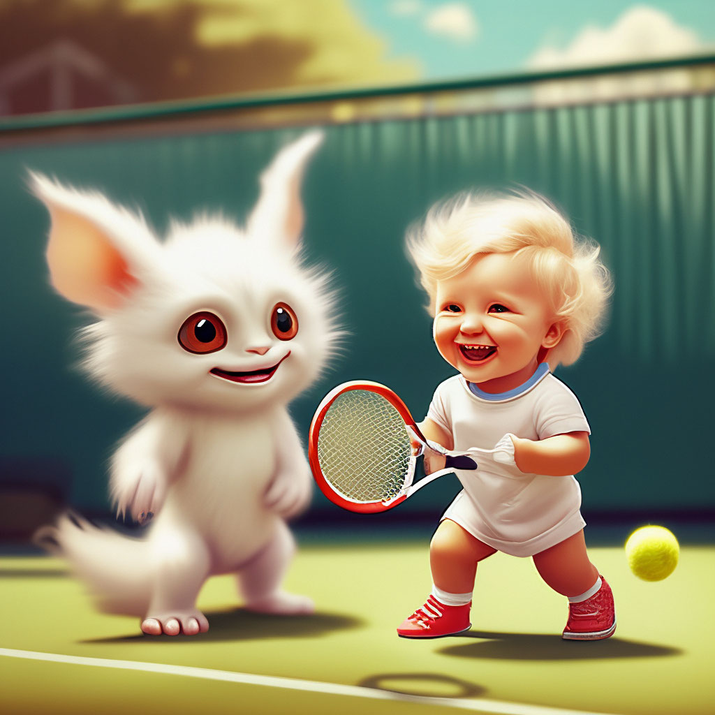 "Cute fluffy smiling white gremlin and cute toddler play tennis ...