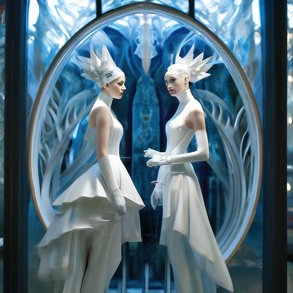 "An image of two women in costumes inside a glass window, in the style ...