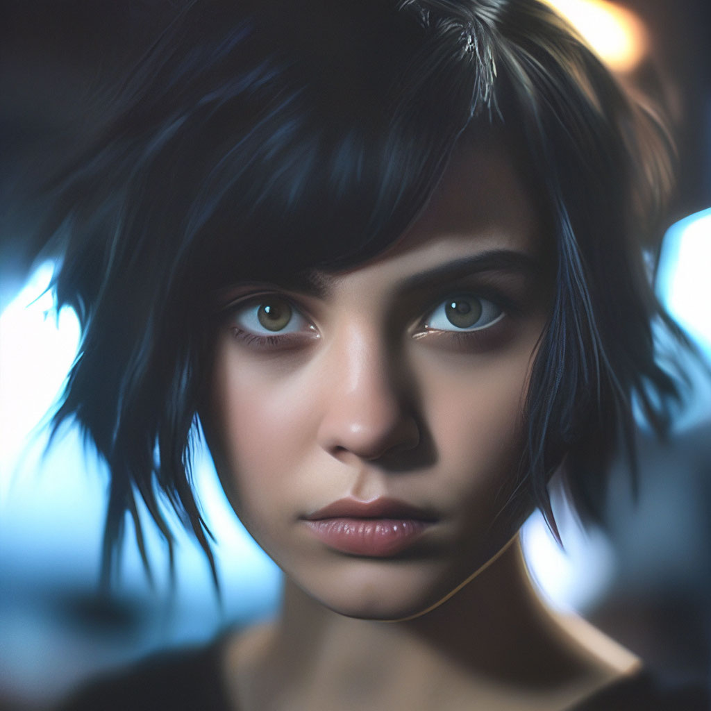 "Girl with black short disheveled hair looks menacingly, dim lighting ...