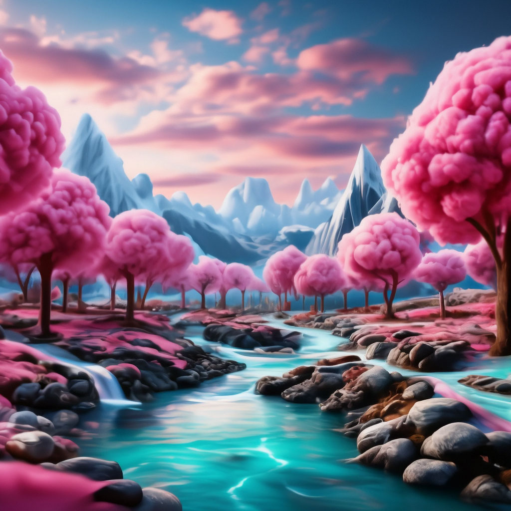 "Fantasy landscape with ice cream hills and pink cotton candy trees ...