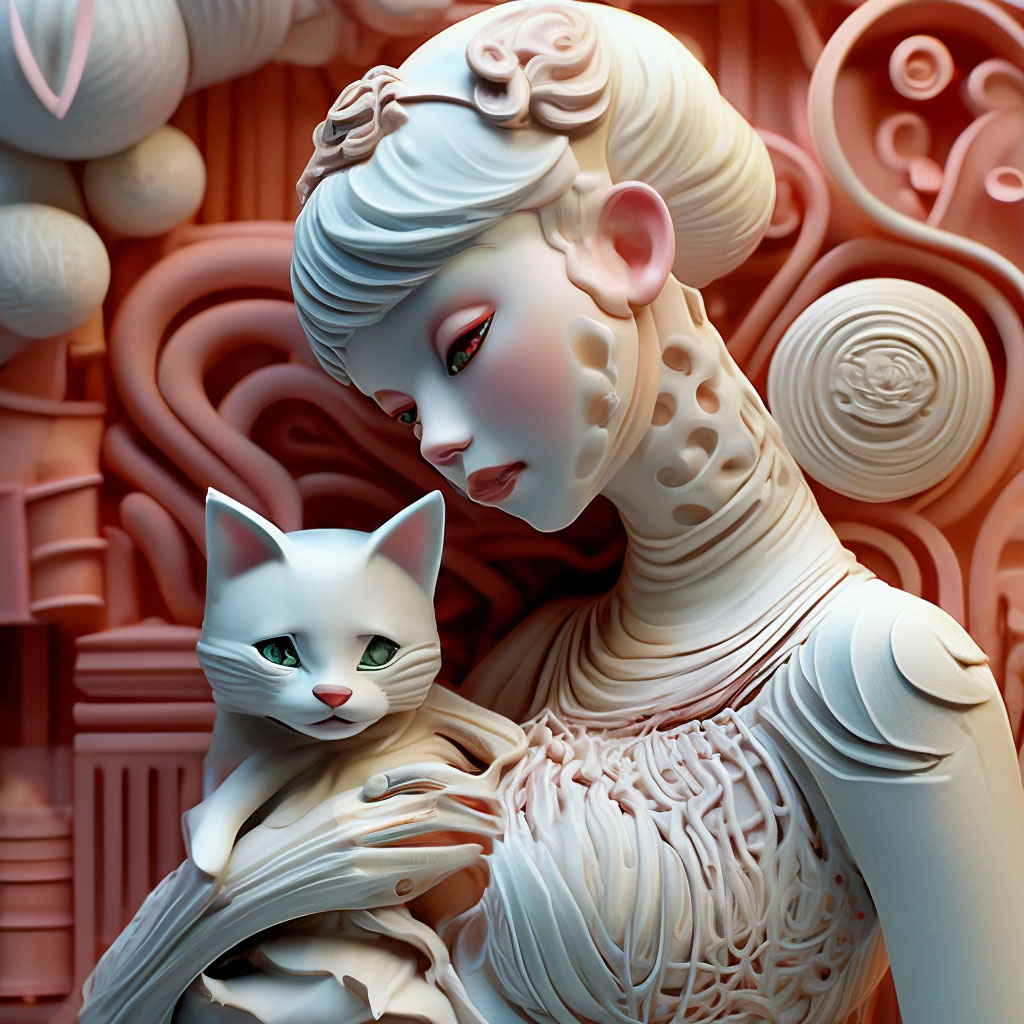 "Girl and cat thread art, plasticine art, paper art, surrealism ...