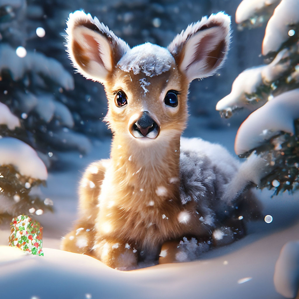 "Fluffy little fawn sitting under the Christmas tree, snow all around ...