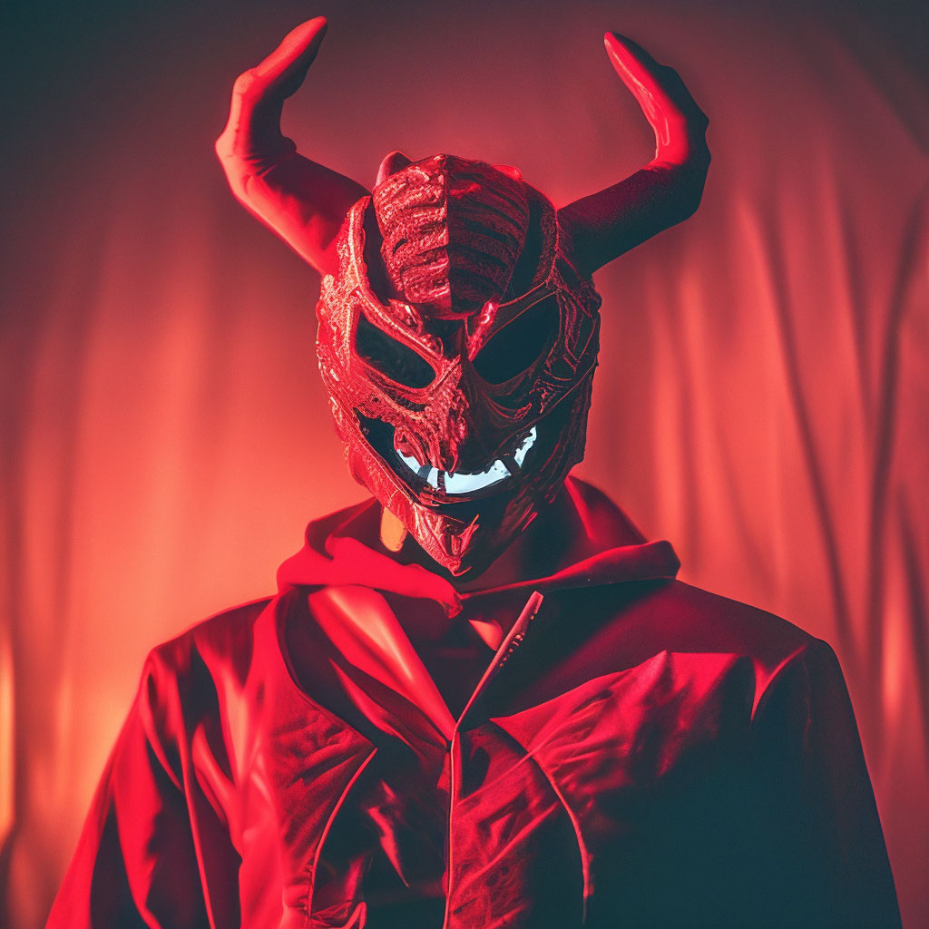 "A middle-aged man in a red demon costume + a red silicone mask of a ...