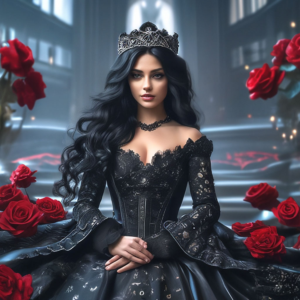 "Dark princess, long black dress, long sleeve, patterns big black crown ...