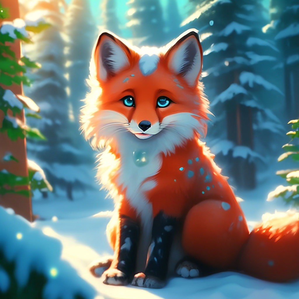 "Very beautiful, magical, cute, fluffy, bright, red fox, with blue eyes ...