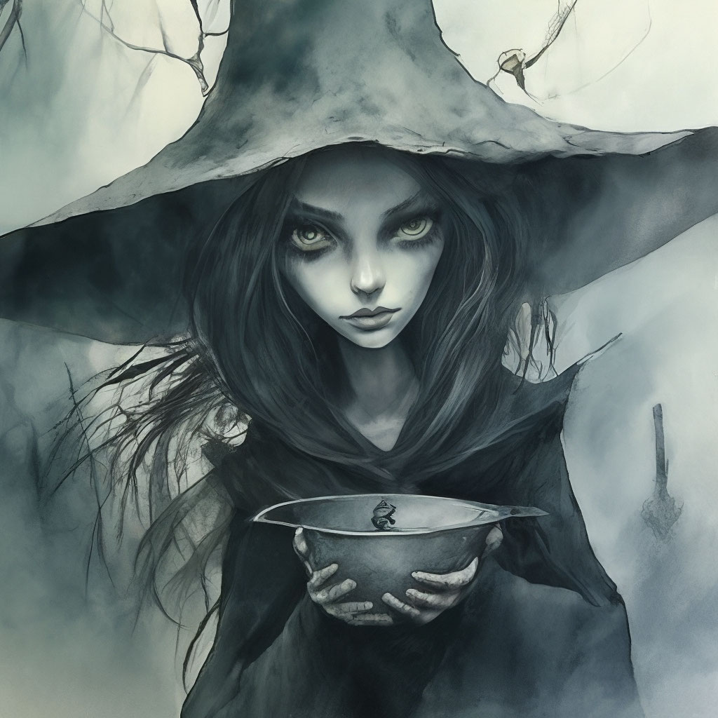 "Witch watercolor, caricature, cartoon, cinematic, detailed, clear ...