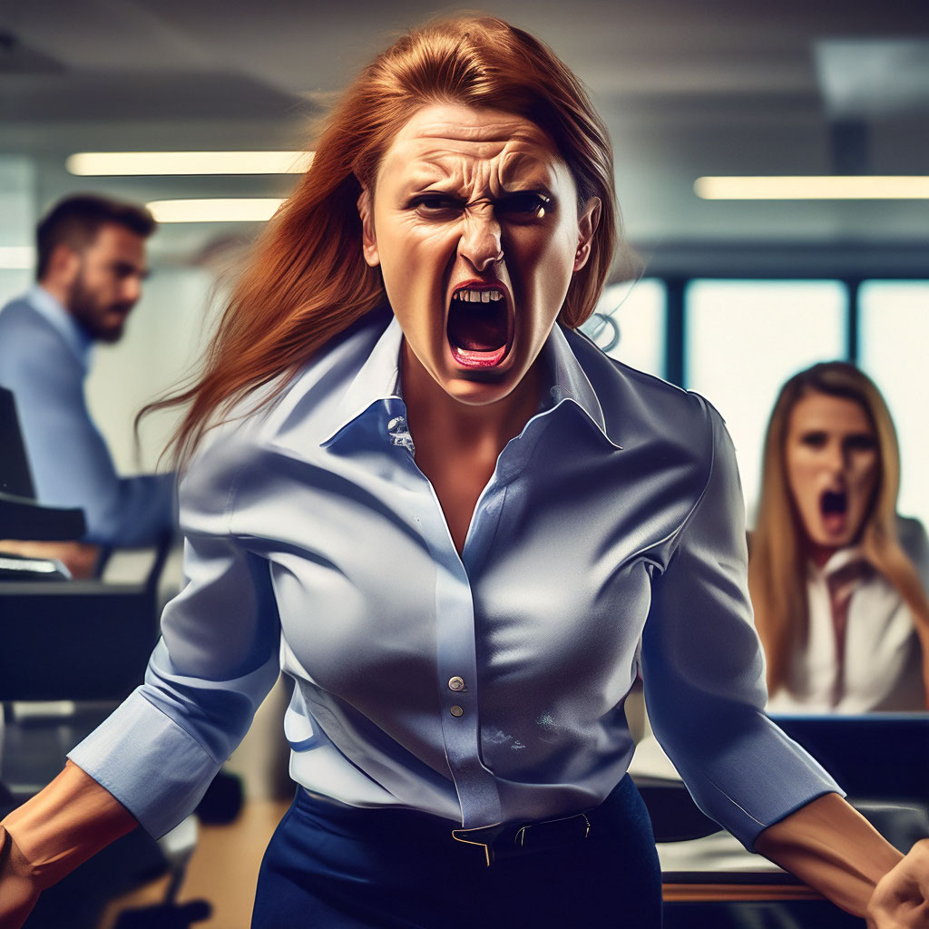 "A belligerent and defiant woman in the office" — image created in ...